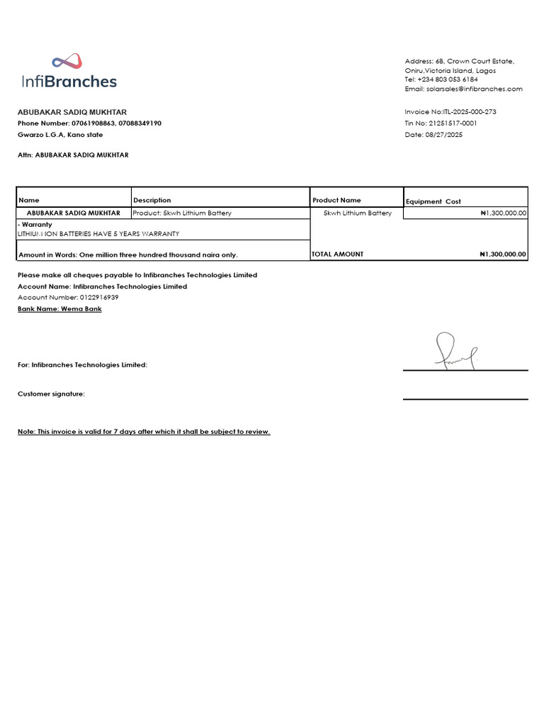 Solar Sales Invoice - Abubakar Sadiq Mukhtar | PDF