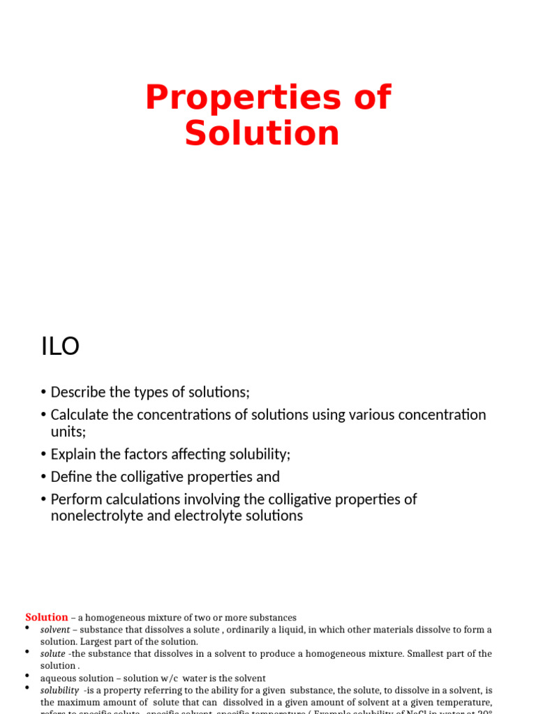 Properties of Solution | PDF | Solubility | Solvation