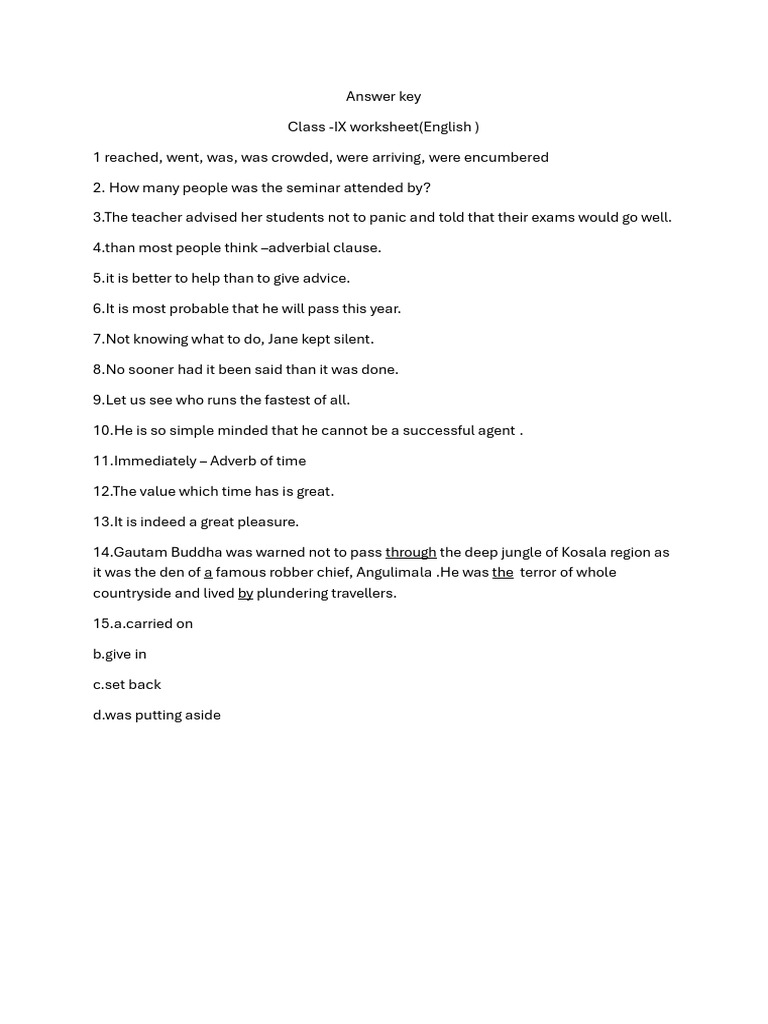Class IX English Worksheet Answer Key | PDF
