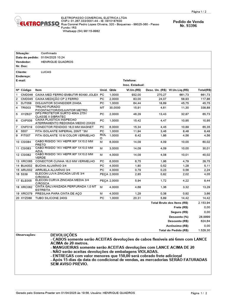 Pedido de Venda Eletropasso 93396 | PDF