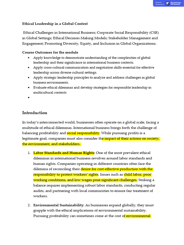 Ethical Leadership in A Global Context - Module 4 Glib | PDF ...