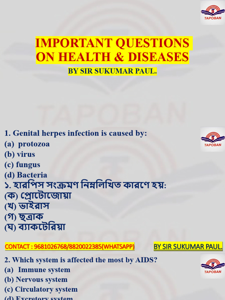 Important Questions on Health & Diseases | PDF