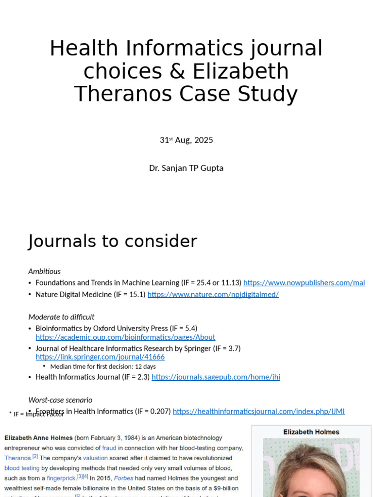 Health Informatics Journal Choices - N - Theranos Case Study - SG | PDF