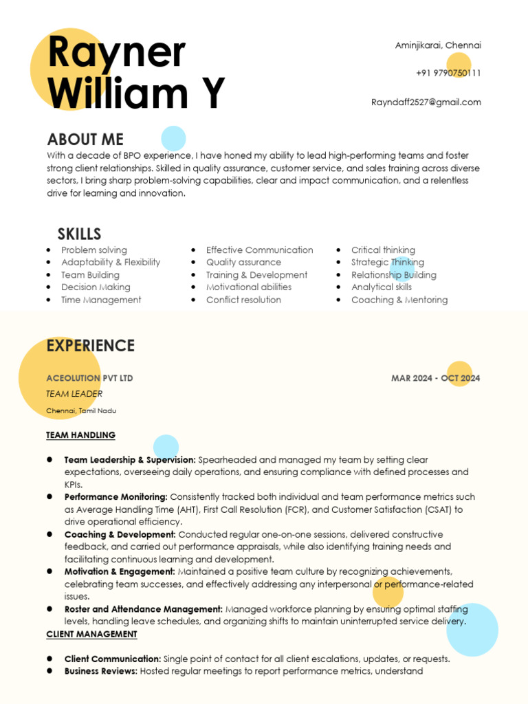 BPO Team Leader Resume Overview | PDF | Sales | Customer Satisfaction