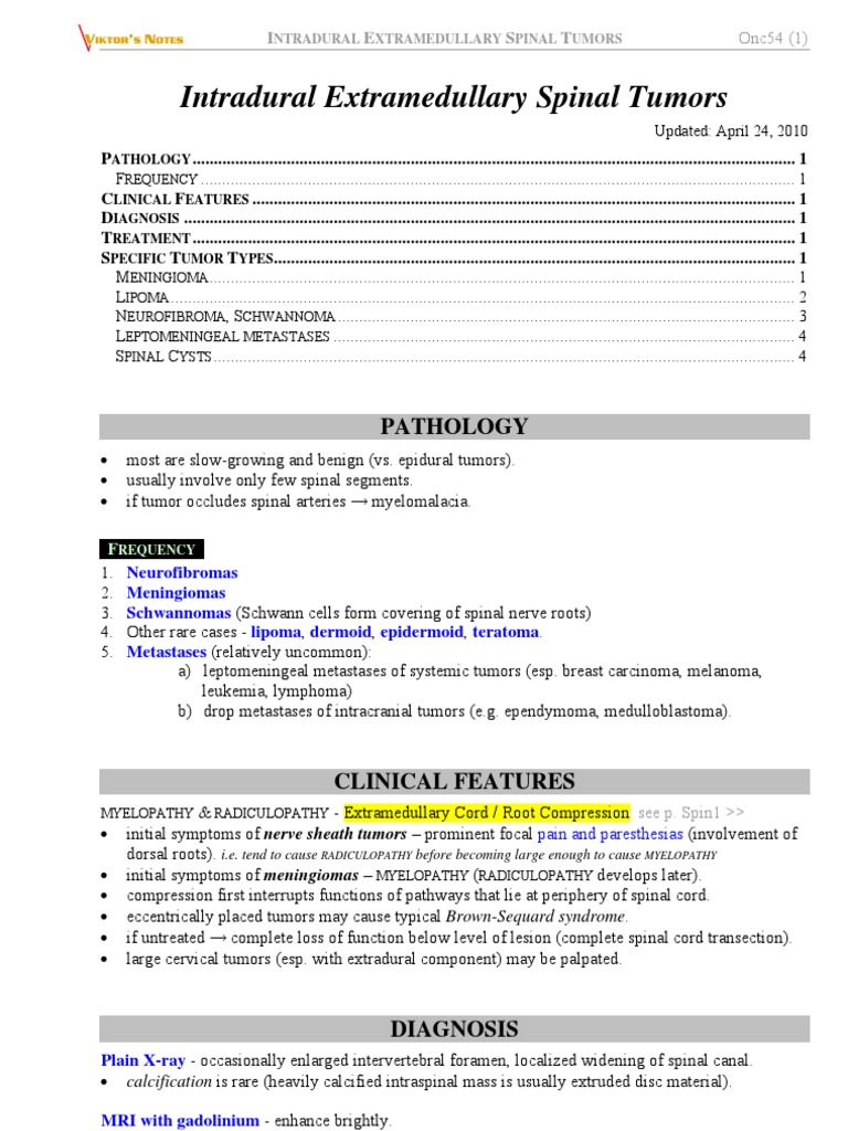 Onc54. Intradural Extramedullary Spinal Tumors | PDF | Spinal Cord | Neoplasms
