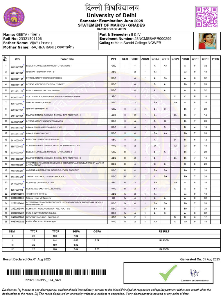 University of Delhi: Semester Examination June 2025 Statement of Marks ...