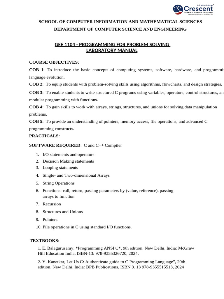 C Programming Lab Manual Guide | PDF | Pointer (Computer Programming ...