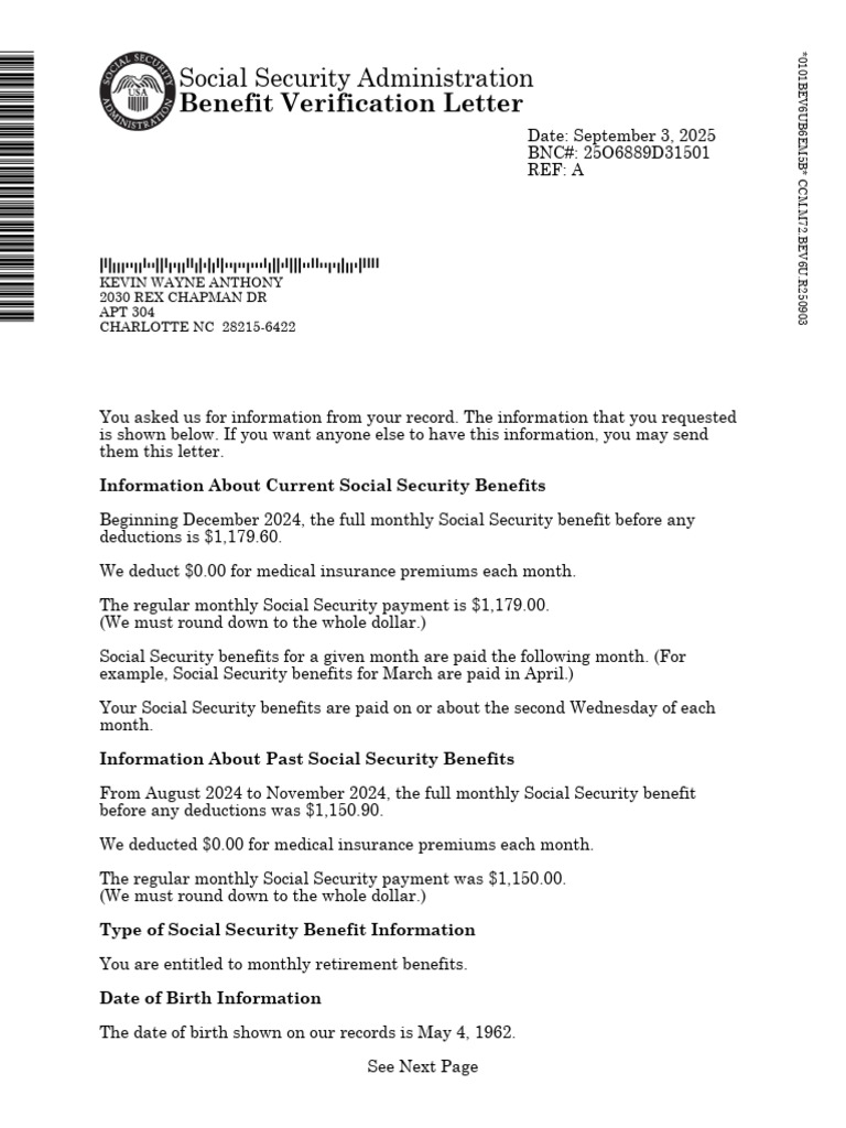 Social Security Benefit Verification Letter | PDF