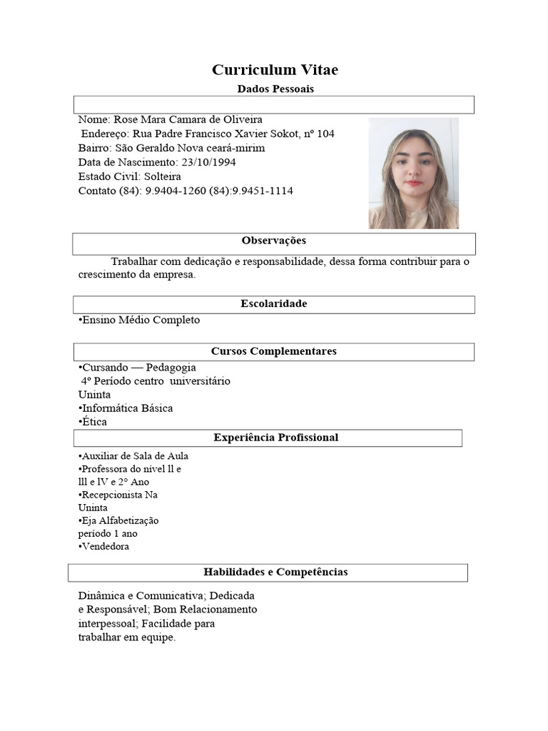 Curriculum Vitae de Rose Mara Camara | PDF