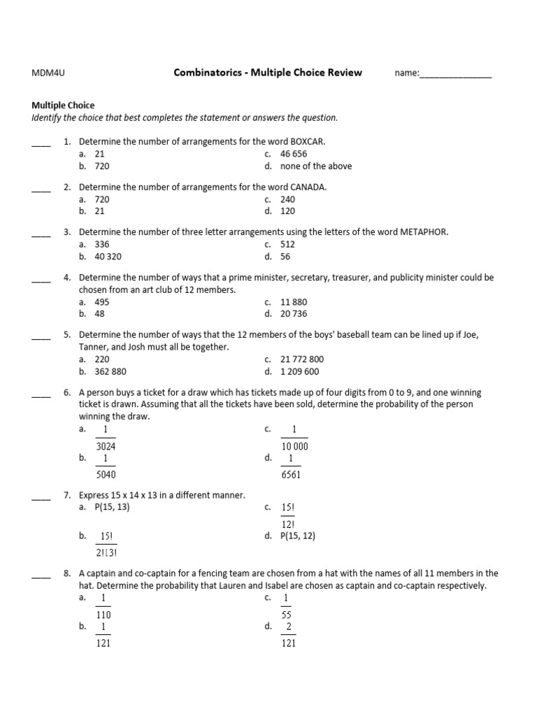 MDM4U - Combinatorics Review (Mult Choice) | PDF | Permutation ...