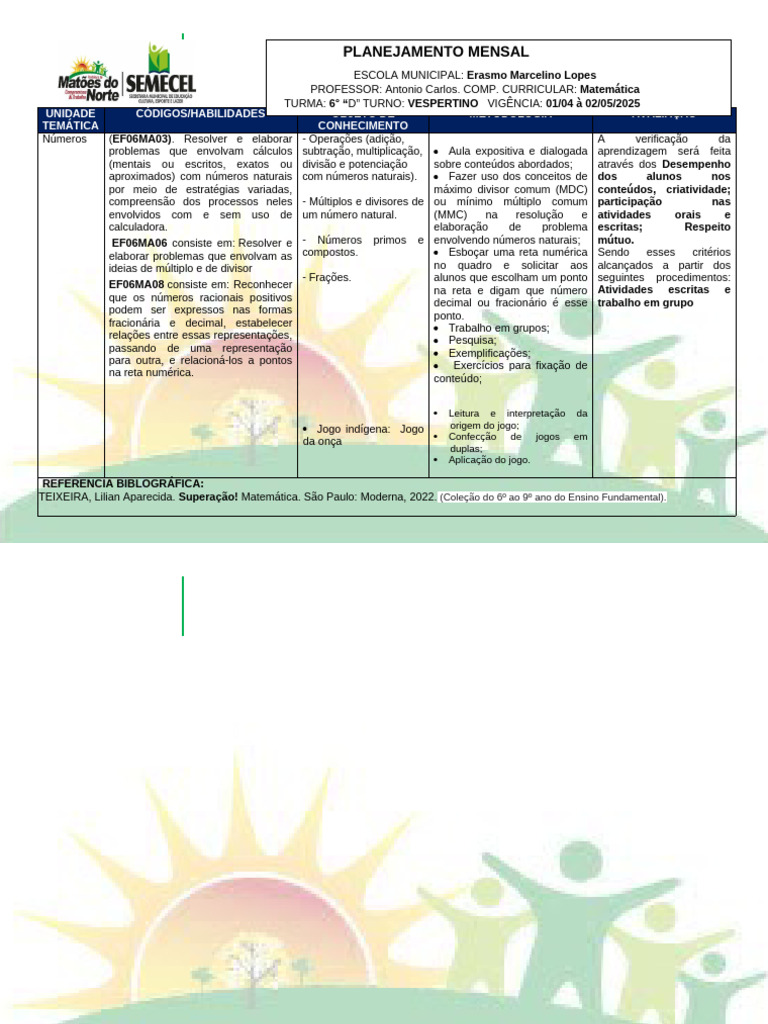 Planejamento Mensal 6º Ano | PDF | Matemática | Aritmética