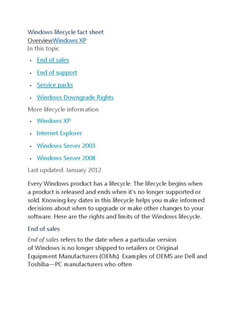 Windows Product Lifecycle Overview | PDF | Windows Xp | Microsoft Windows