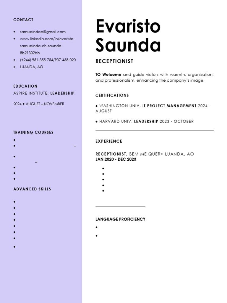 Evaristo Saunda - Receptionist Profile | PDF