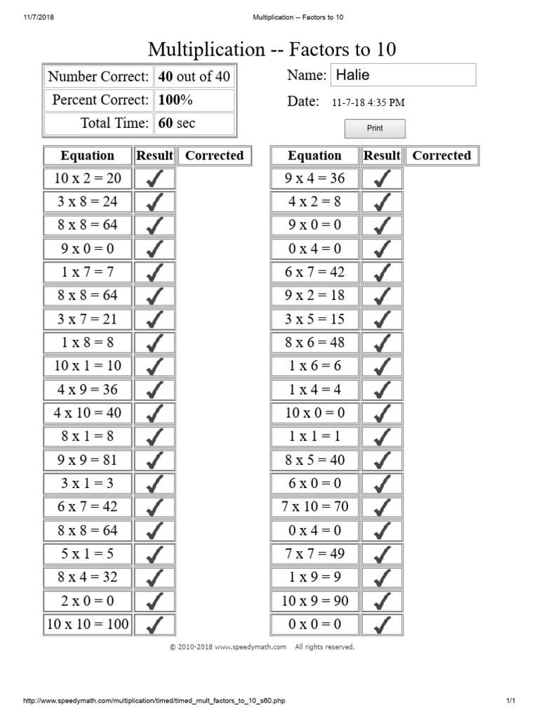 Perfect Score in Multiplication Test | PDF