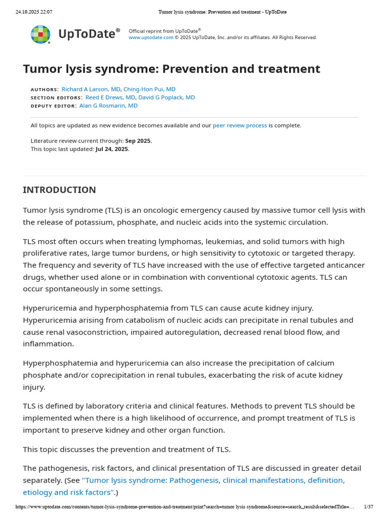 Tumor Lysis Syndrome_ Prevention and Treatment - UpToDate | PDF ...