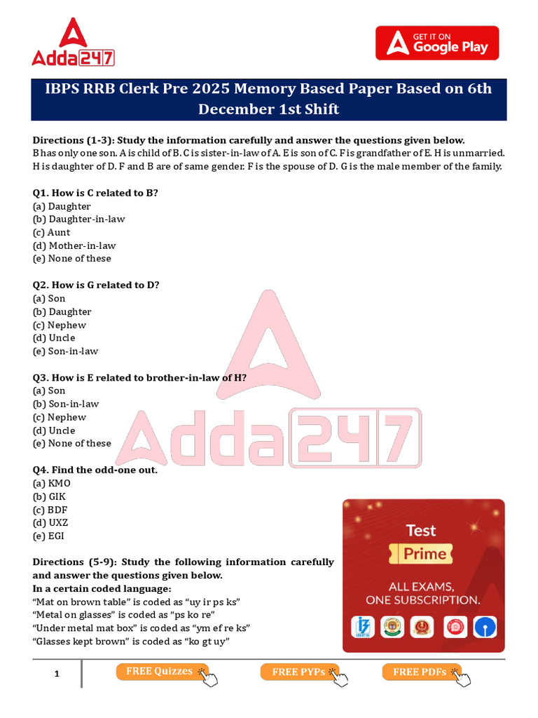 IBPS RRB Clerk Pre 2025 Memory Paper | PDF | Area