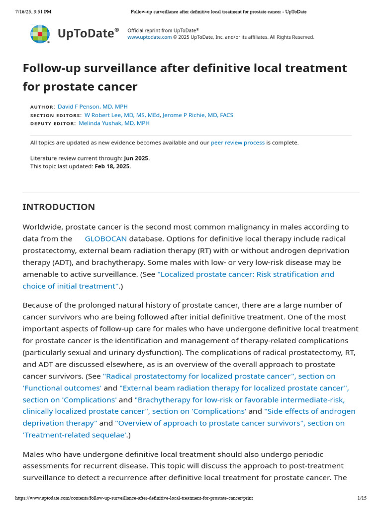Follow-up Surveillance After Definitive Local Treatment for Prostate ...