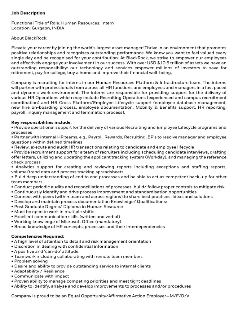BlackRock Job Description - HR Intern | PDF | Human Resources | Recruitment