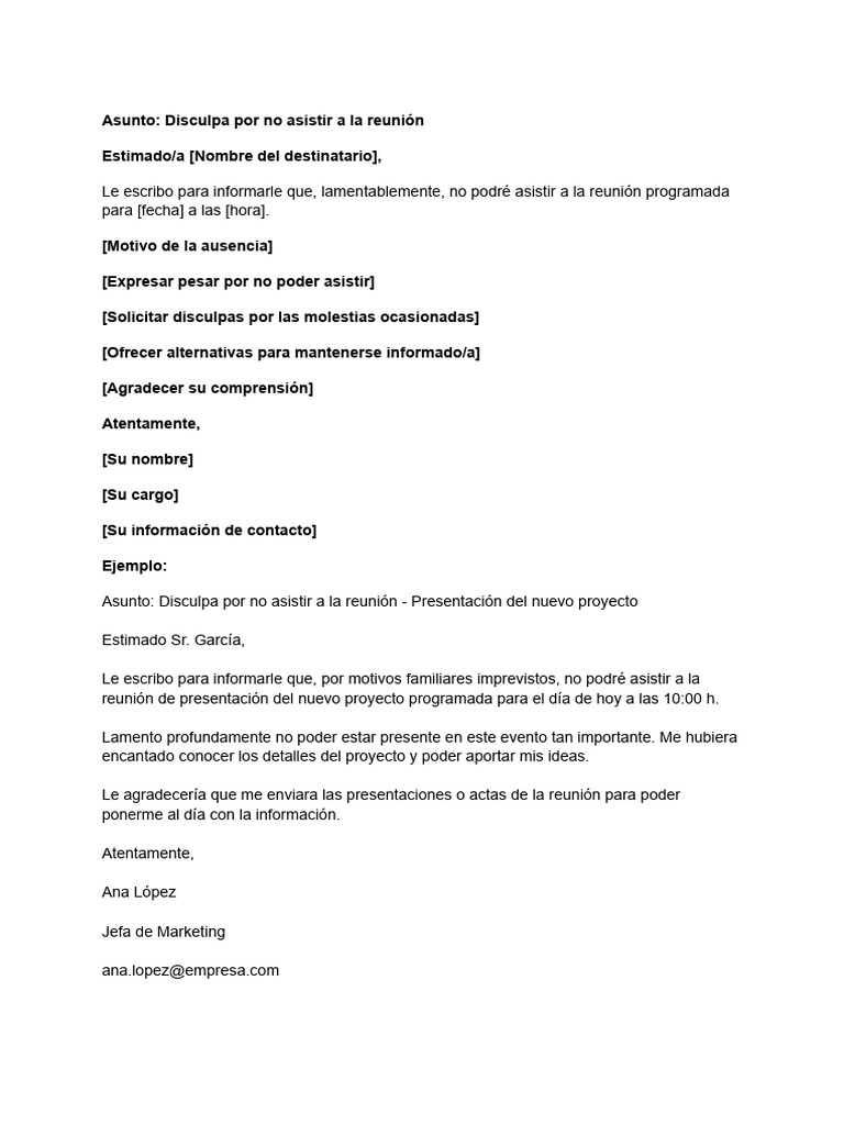 Mensaje de Disculpas Por No Asistir a La Reunión | PDF