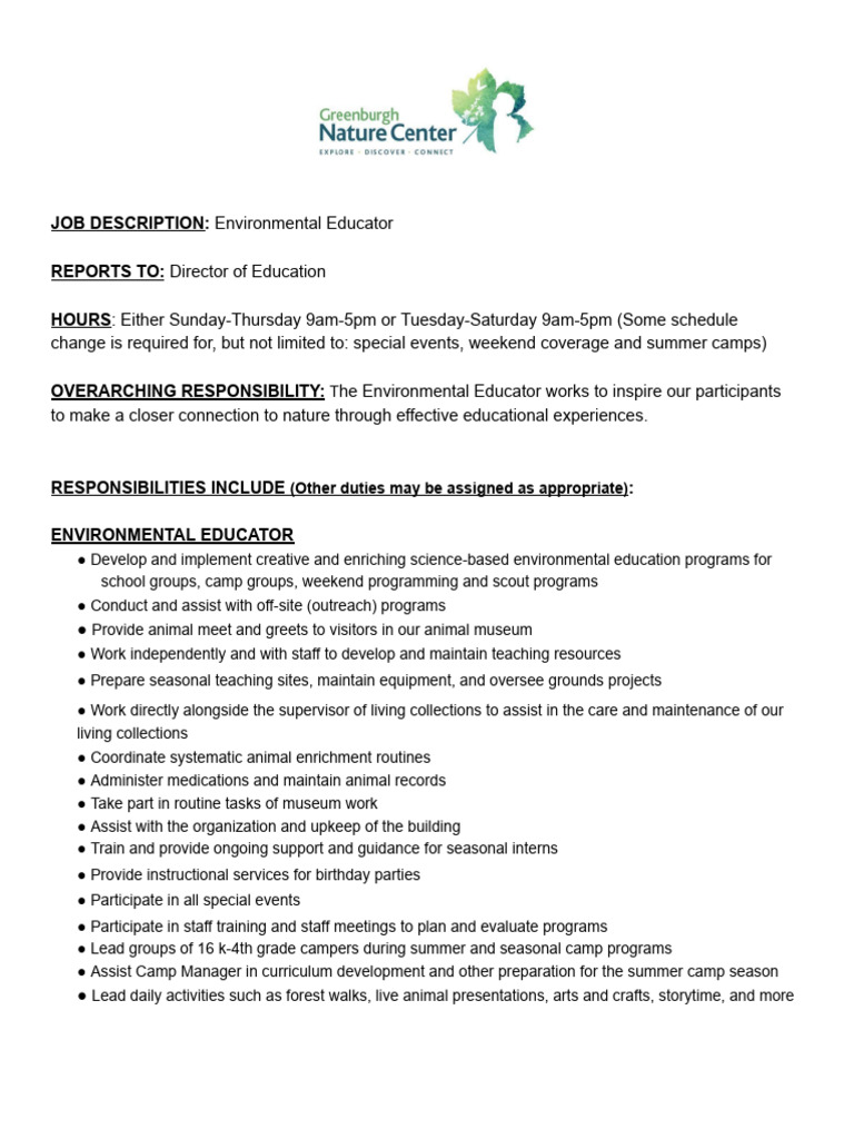 Environmental Educator Job Description 2 | PDF | Background Check ...