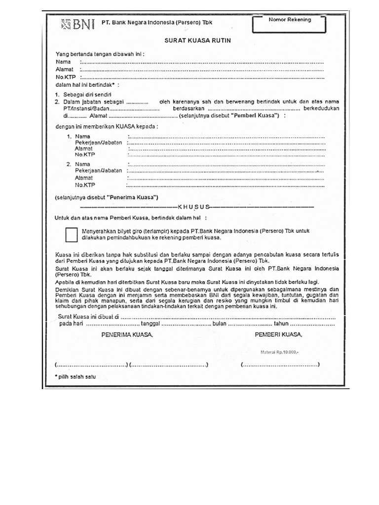 Surat Kuasa Nasabah Bank Bni | PDF