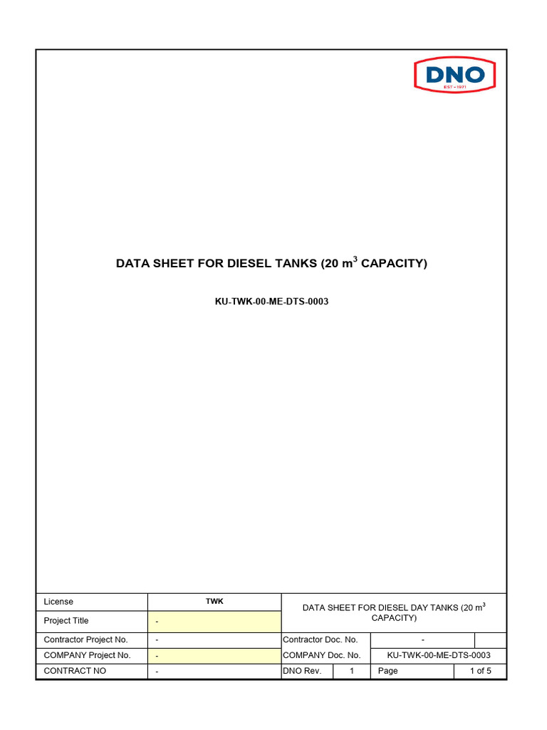 Ku Twk 00 Me Dts 0003_data Sheet for Diesel Tank 20m3 Capacity | PDF ...
