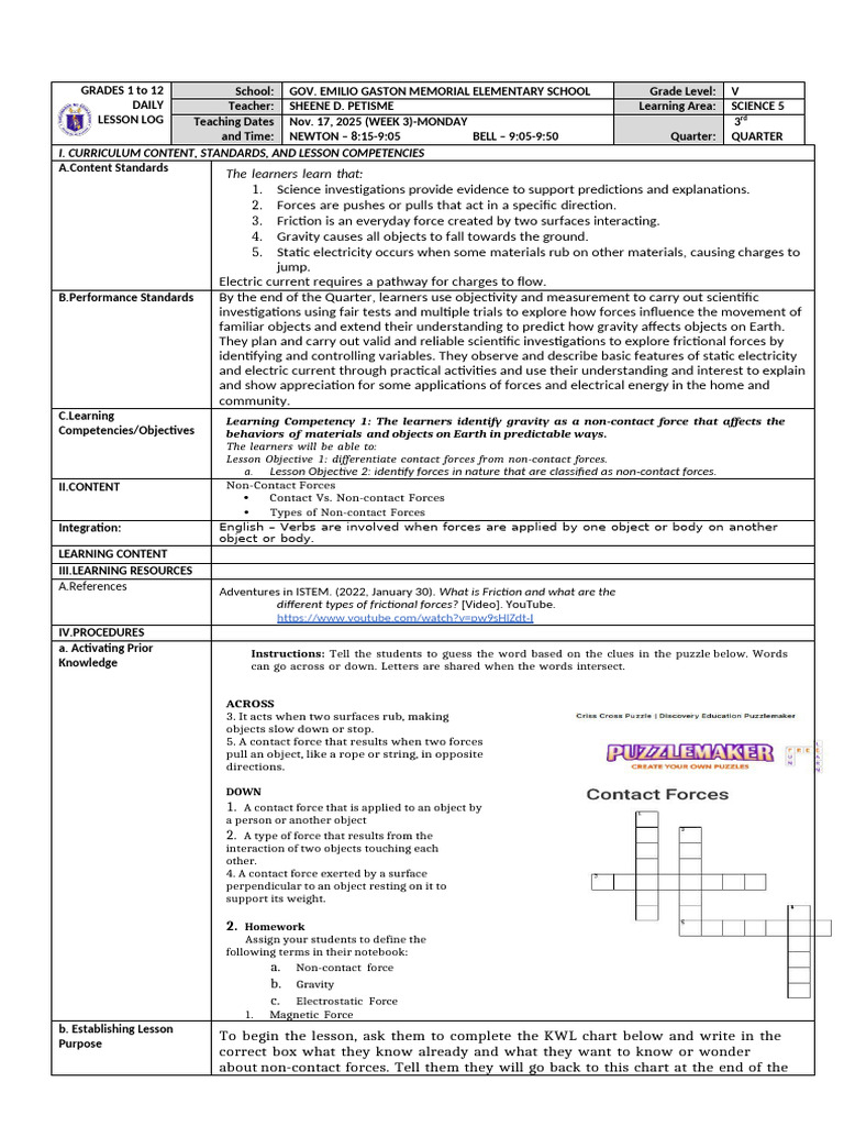 Science 5 Lesson Log: Non-Contact Forces | PDF | Force | Friction