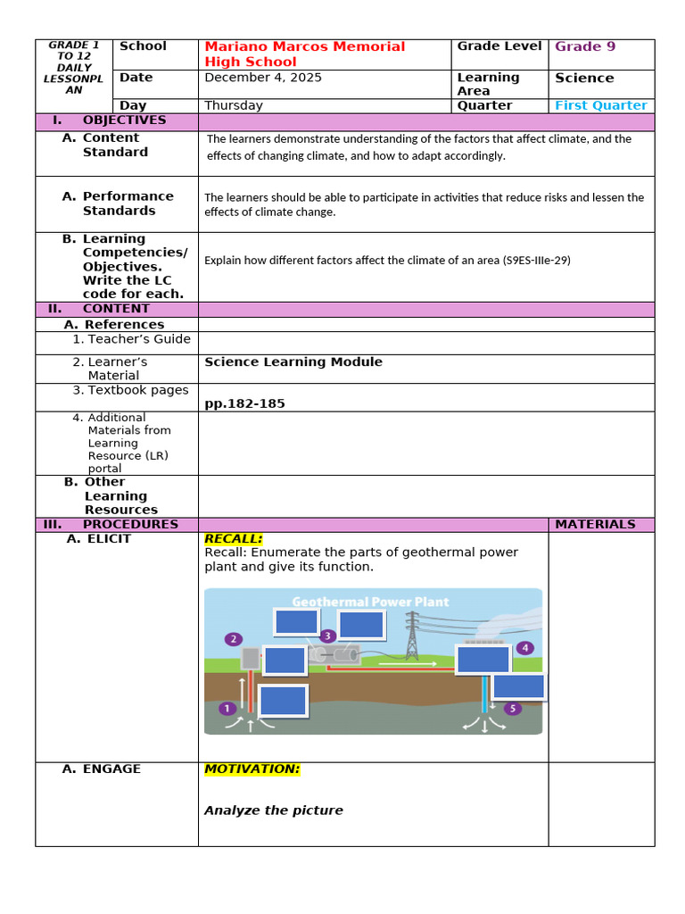 Grade 9 Science Lesson Plan on Climate | PDF | Latitude | Equator