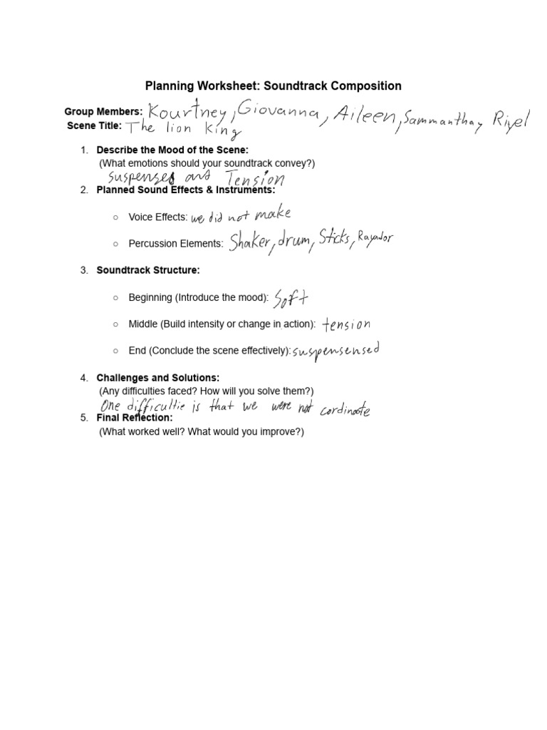 Planning Worksheet: Soundtrack Composition | PDF