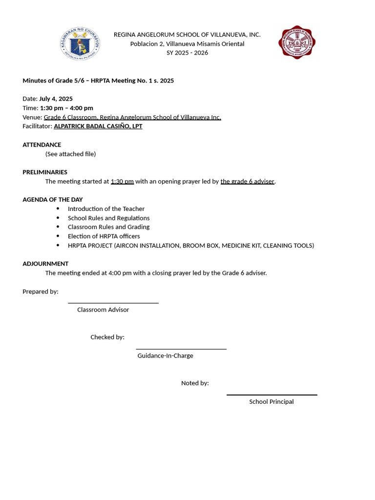 Regina Angelorum School of Villanueva | PDF