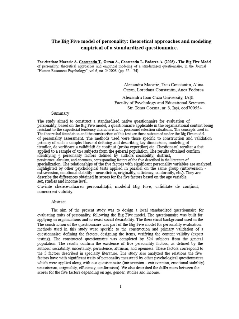 Big Five Personality Model Questionnaire | PDF | Extraversion And ...