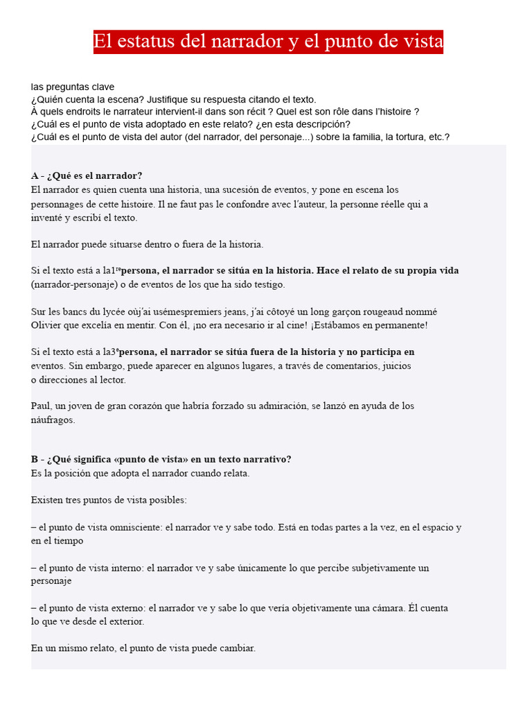 El Estatus Del Narrador y El Punto de Vista PDF | PDF | Narración