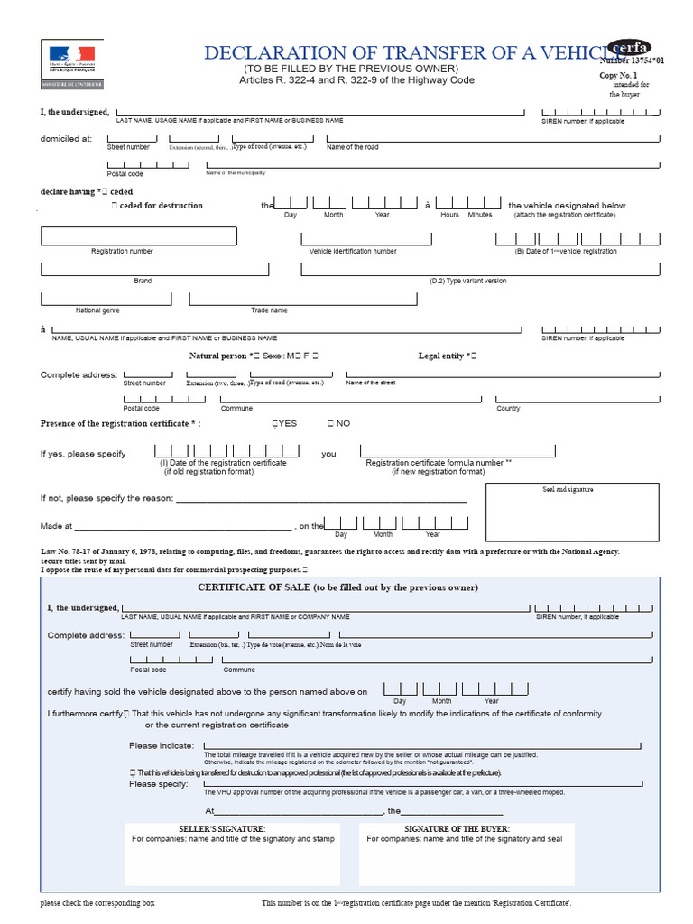 Transfer Declaration Cerfa 13754 01 | PDF | Signature