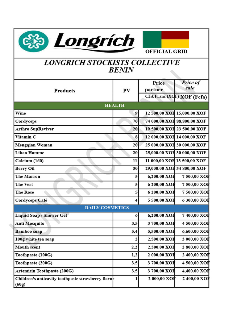 Official Tariff Grid Longrich Benin System Togo 2023 .... | PDF ...