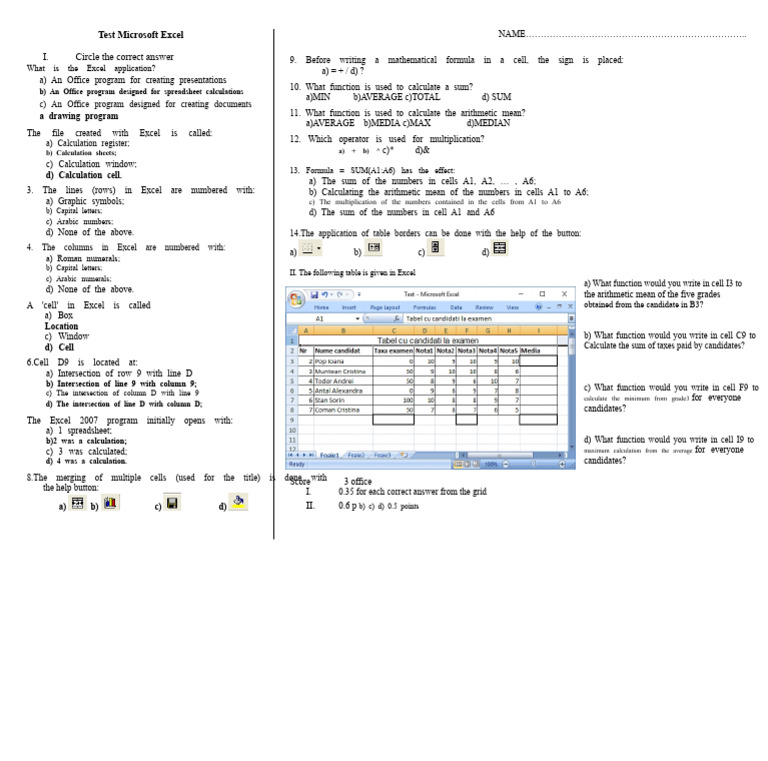 Excel Test: Functions and Formulas | PDF | Microsoft Excel | Spreadsheet