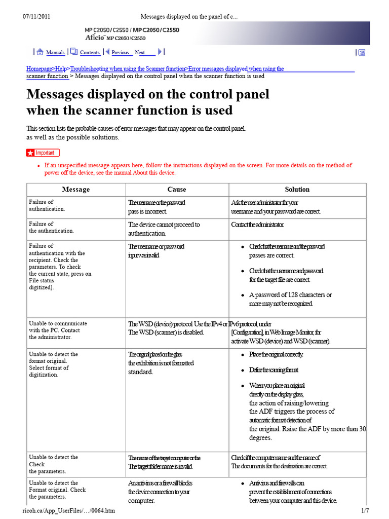 Ricoh Messages displayed on the control panel when the scanner function ...