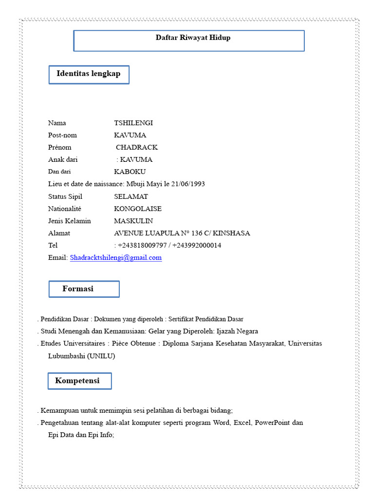 CV Shadrack Tshilengi Kesehatan Masyarakat | PDF
