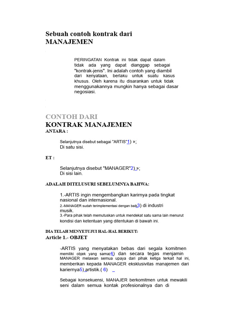 Contoh Kontrak Manajemen Artis | PDF