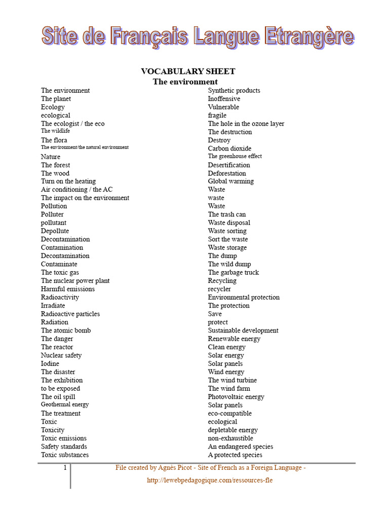 Environmental Vocabulary List | PDF | Waste | Pollution
