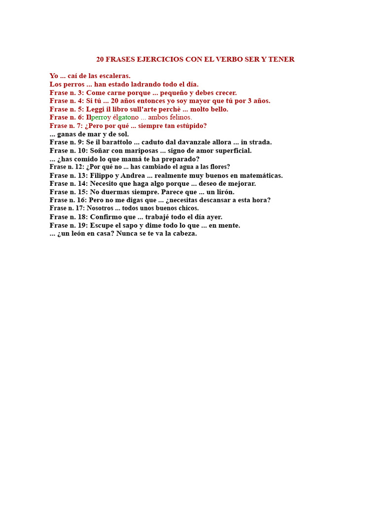 20 Frases Ejercicios Con El Verbo Ser y Tener | PDF