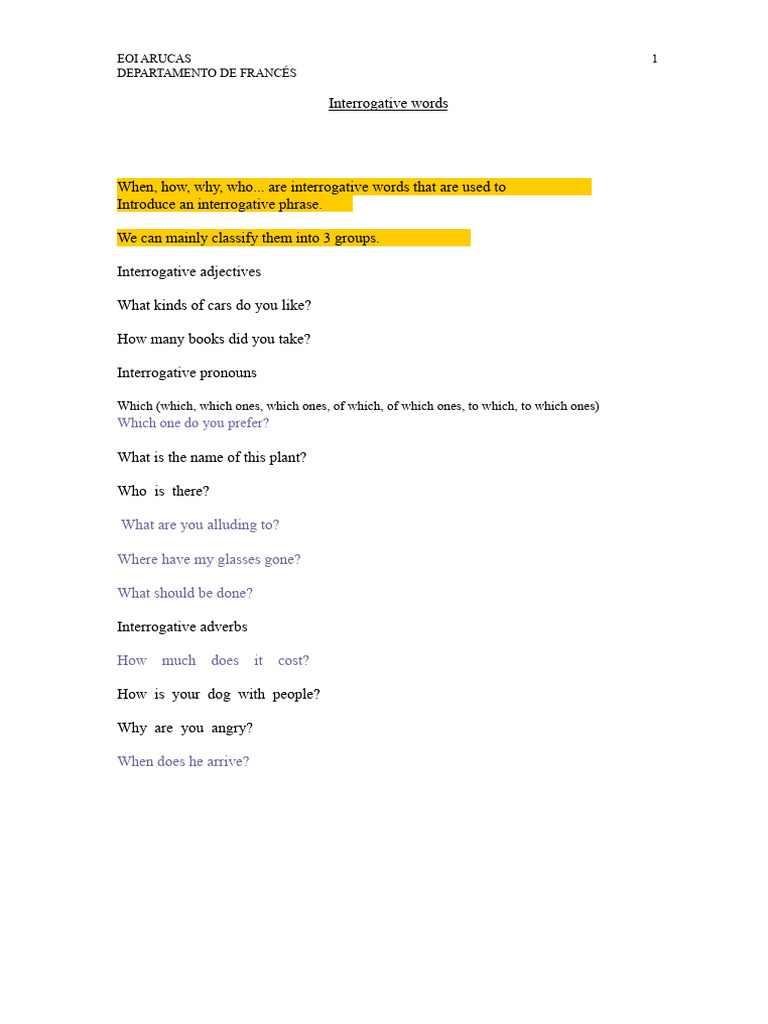Interrogative Words Exercises PDF | PDF | Question | Grammatical Number