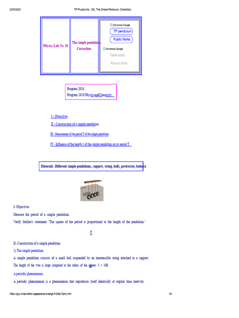 Physics Lab No. 10C, The simple pendulum, correction, | PDF | Pendulum | Oscillation