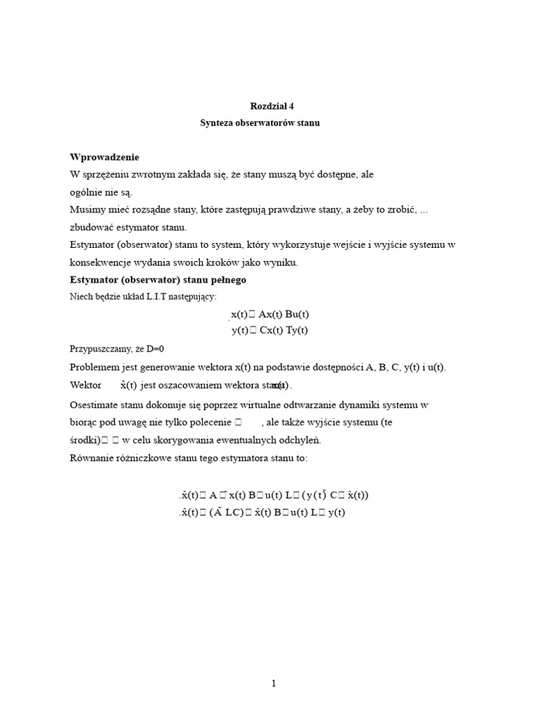 Rozdział 4 Synteza Obserwatorów Stanu PDF | PDF