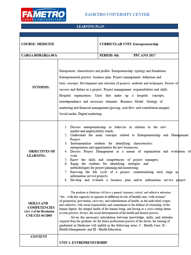 Learning Plan - Entrepreneurship 2021 (1) | PDF | Entrepreneurship ...