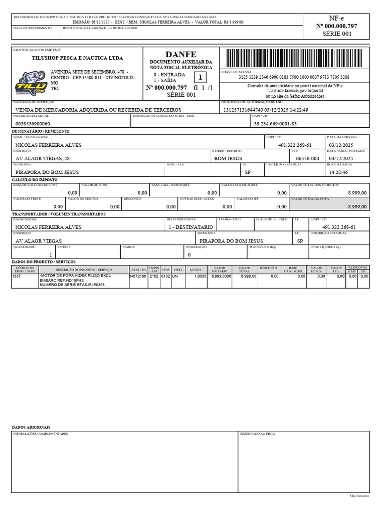 Nota Fiscal de Venda de Motor de Popa | PDF | Recibo