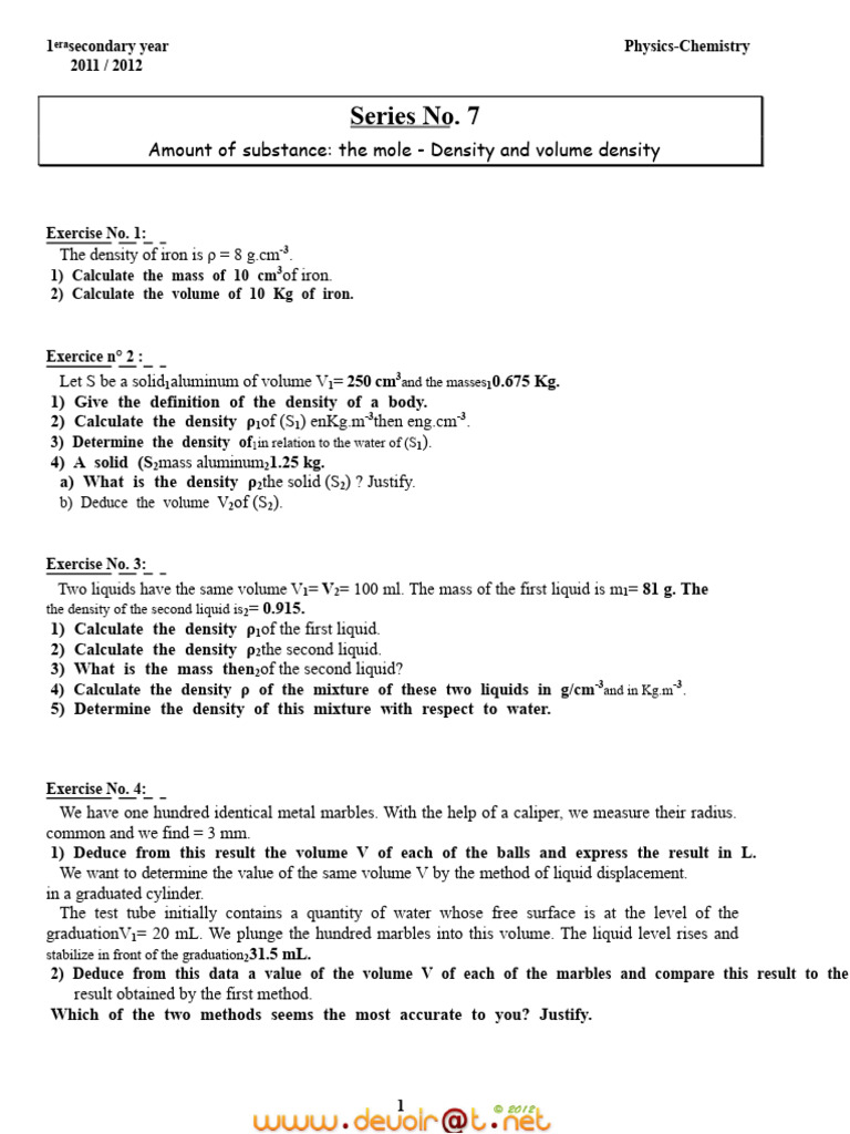 Exercise Series No. 7 - Physical Sciences Amount of Substance, The Mole ...