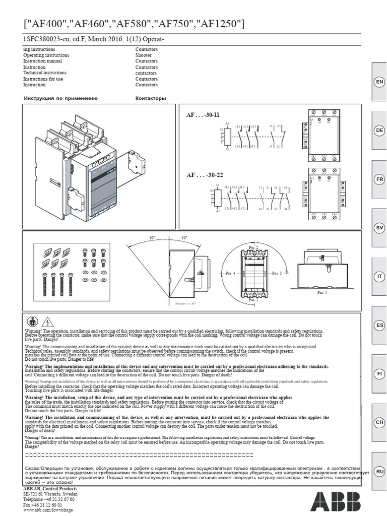 MANUAL OPERATION CONTACTOR ABB AF750-30.pdf | PDF | Relay | Power Supply