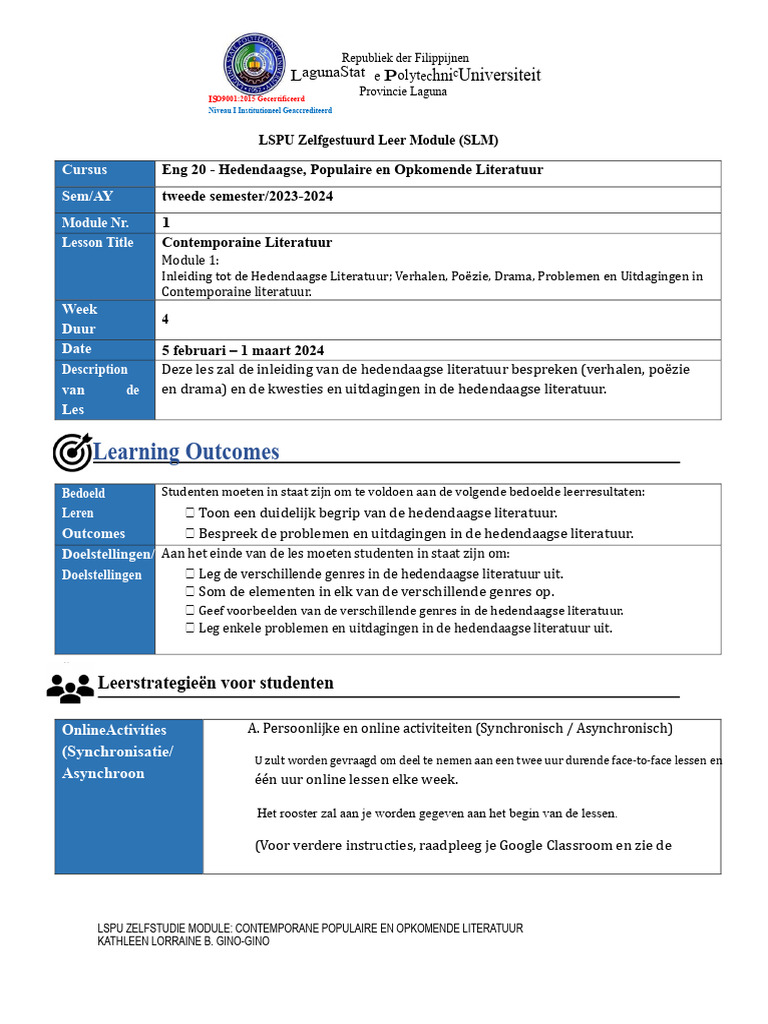 Module 1 ENG 20 - Hedendaagse Populaire en Opkomende Literatuur | PDF