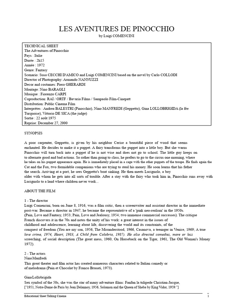 The Adventures of Pinocchio Educational Sheet | PDF | Pinocchio