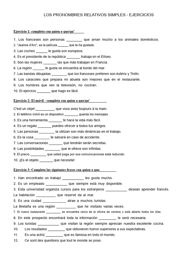 Pronombres Relativos Simples Ejercicios | PDF